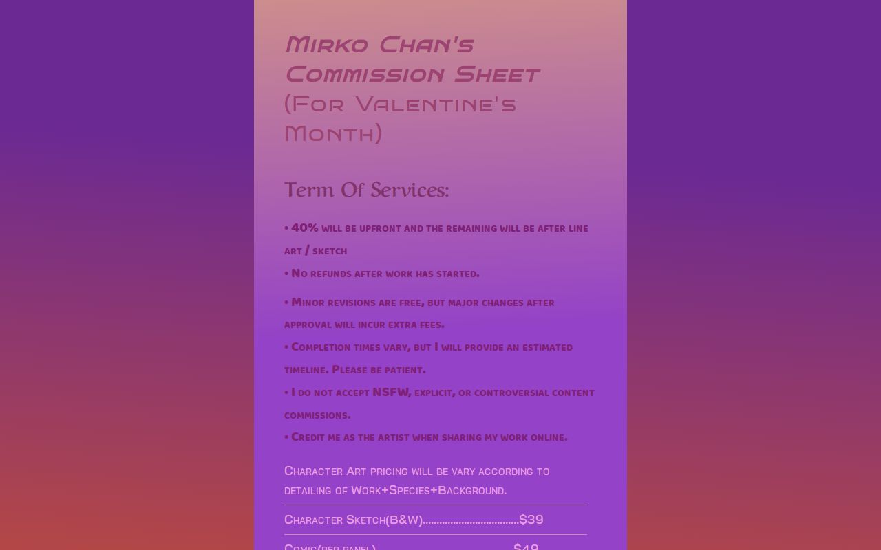 Mirko Chan's Commission Sheet